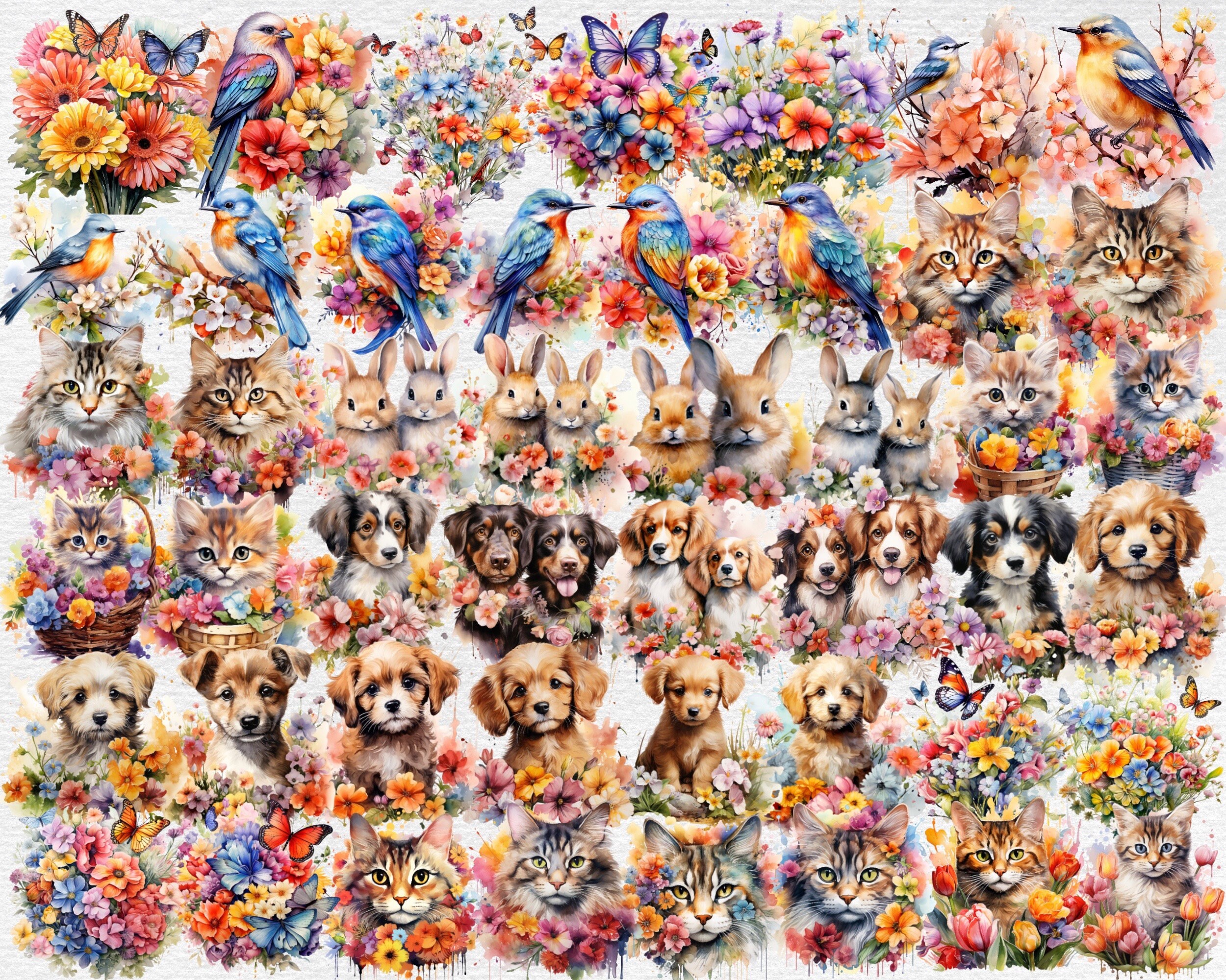 Animals With Flowers Watercolor Clipart Bundle 350 PNG Floral Pets ...