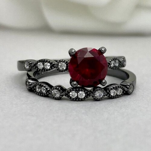 Round Red Ruby Black Rhodium Art Deco Round Simulated Diamond - Etsy