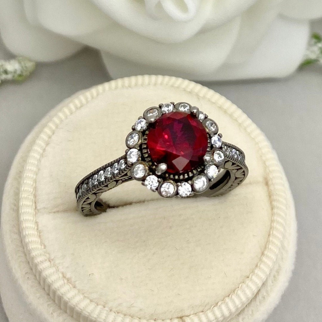 Round Red Ruby Black Rhodium Art Deco Ring Round Simulated Diamond Ring ...