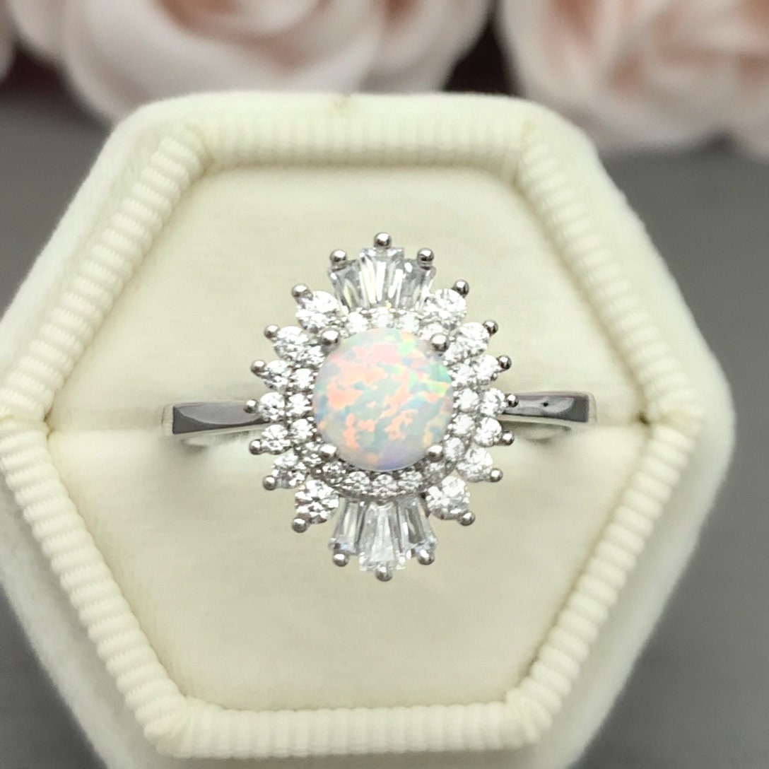 14K White Gold Round White Opal Wedding Ring Baguette and - Etsy