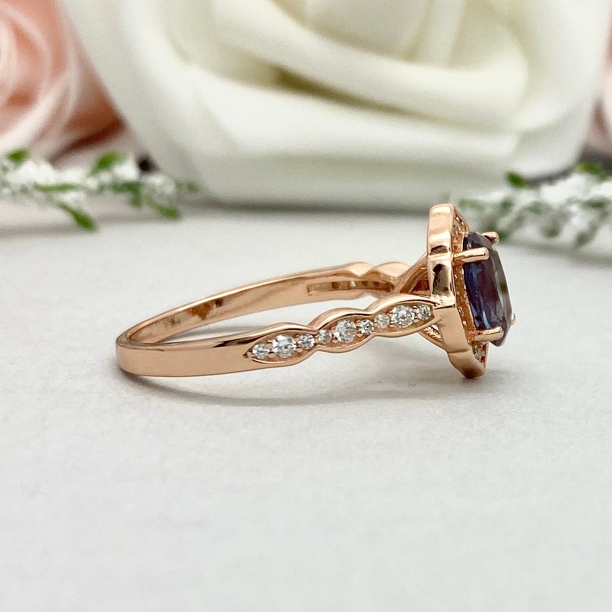 Rose Gold Oval Alexandrite Engagement Ring Lab Alexandrite | Etsy