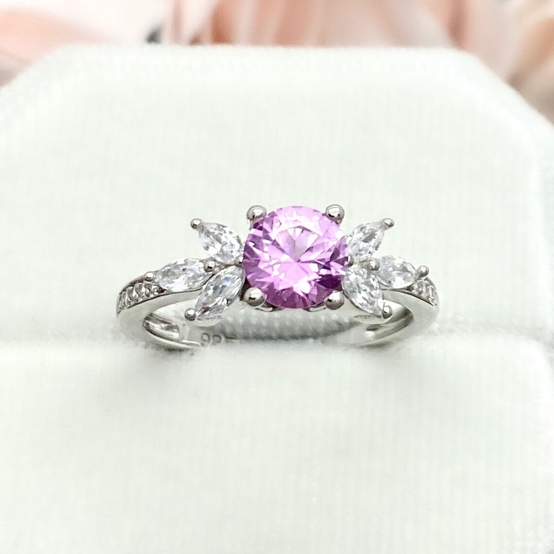 Round Pink Sapphire Ring Engagement Ring Art Deco Leaf - Etsy