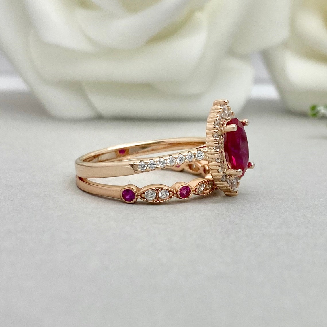 Rose Gold Oval Ruby Wedding Ring Set Lab Ruby 2PC Engagement | Etsy