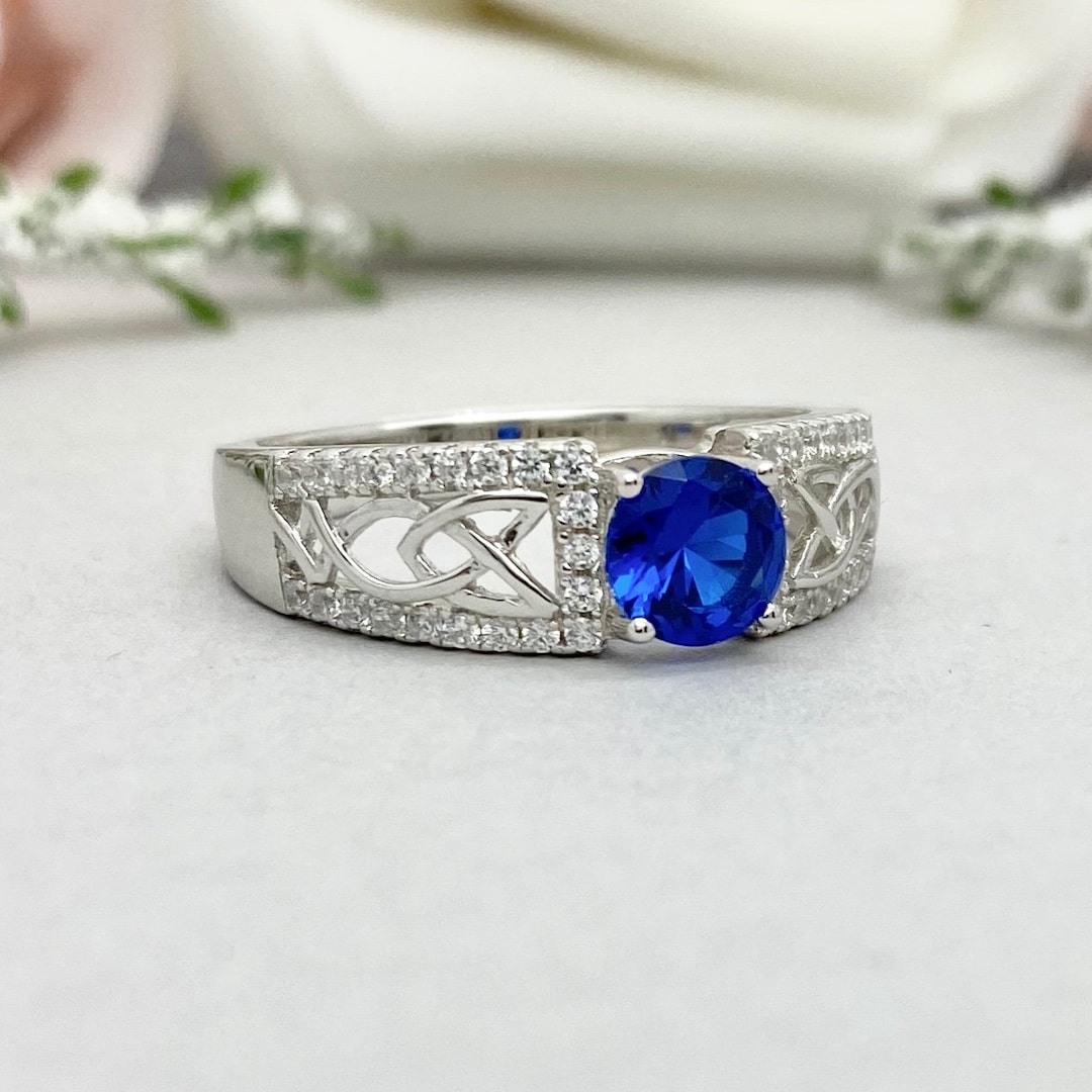 Round Blue Sapphire Celtic Engagement Ring Lab Blue Sapphire Ring Round ...