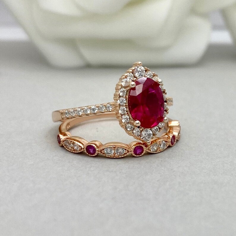 Rose Gold Oval Ruby Wedding Ring Set Lab Ruby 2PC Engagement - Etsy