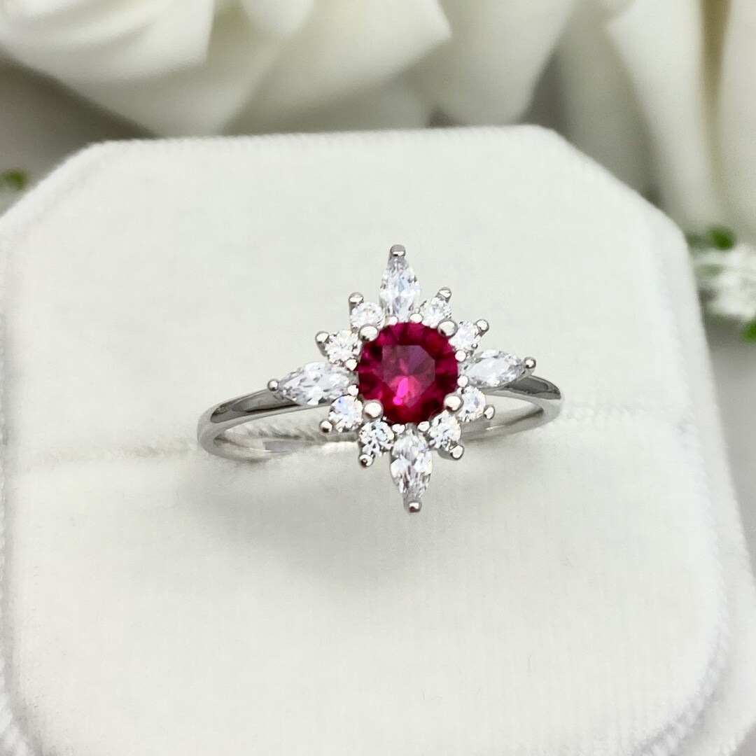 14K Solid White Gold Round Ruby Starburst Ring Marquise and Round ...