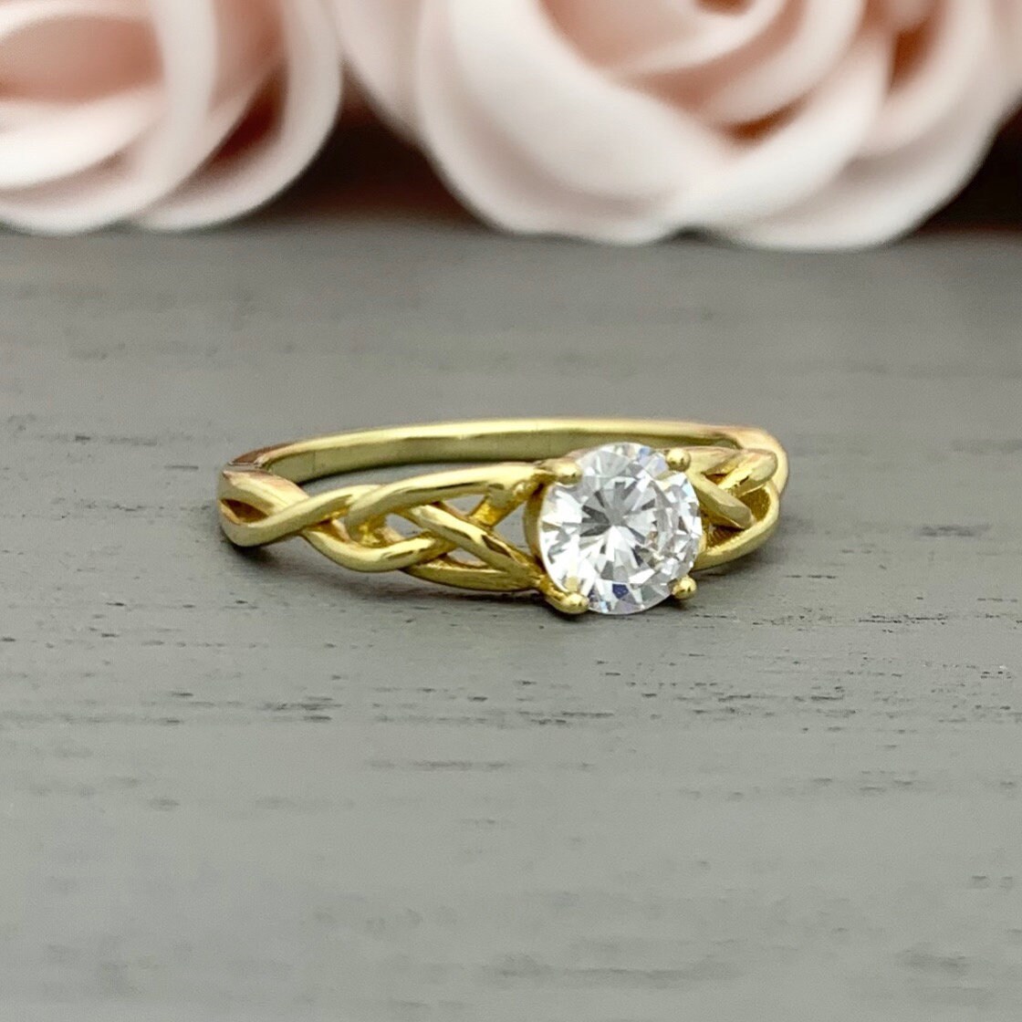 Yellow Gold Round Simulated Diamond Celtic Ring Sterling | Etsy
