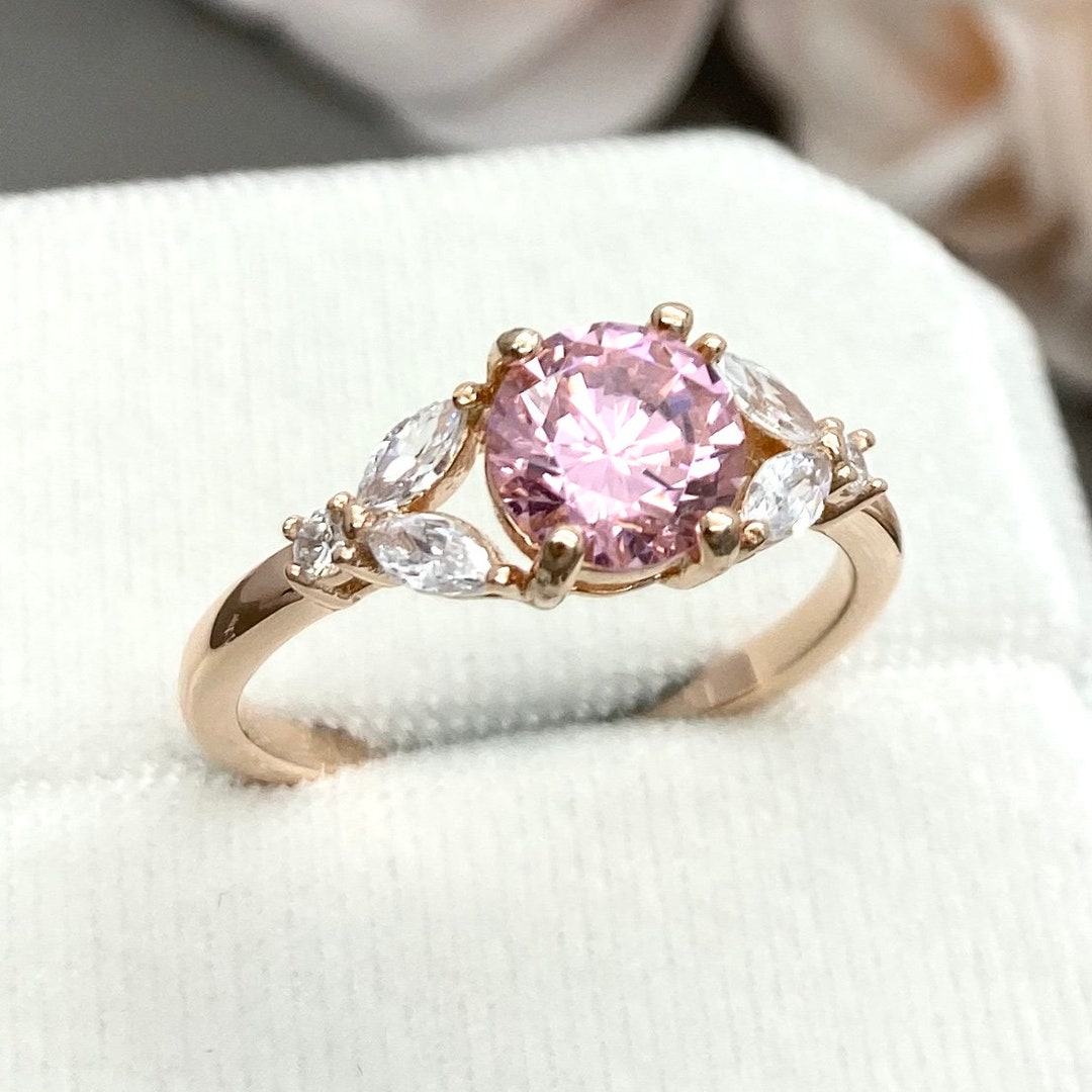 Rose Gold Round Pink Sapphire Ring Marquise and Round Simulated Diamond ...