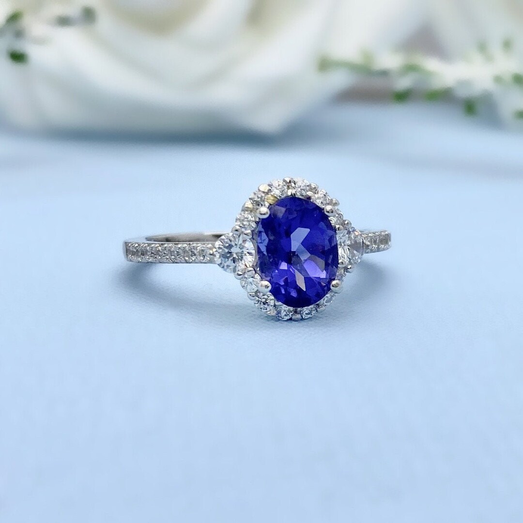 Oval Tanzanite Engagement Ring Oval Lab Blue Tanzanite Round Simulated ...