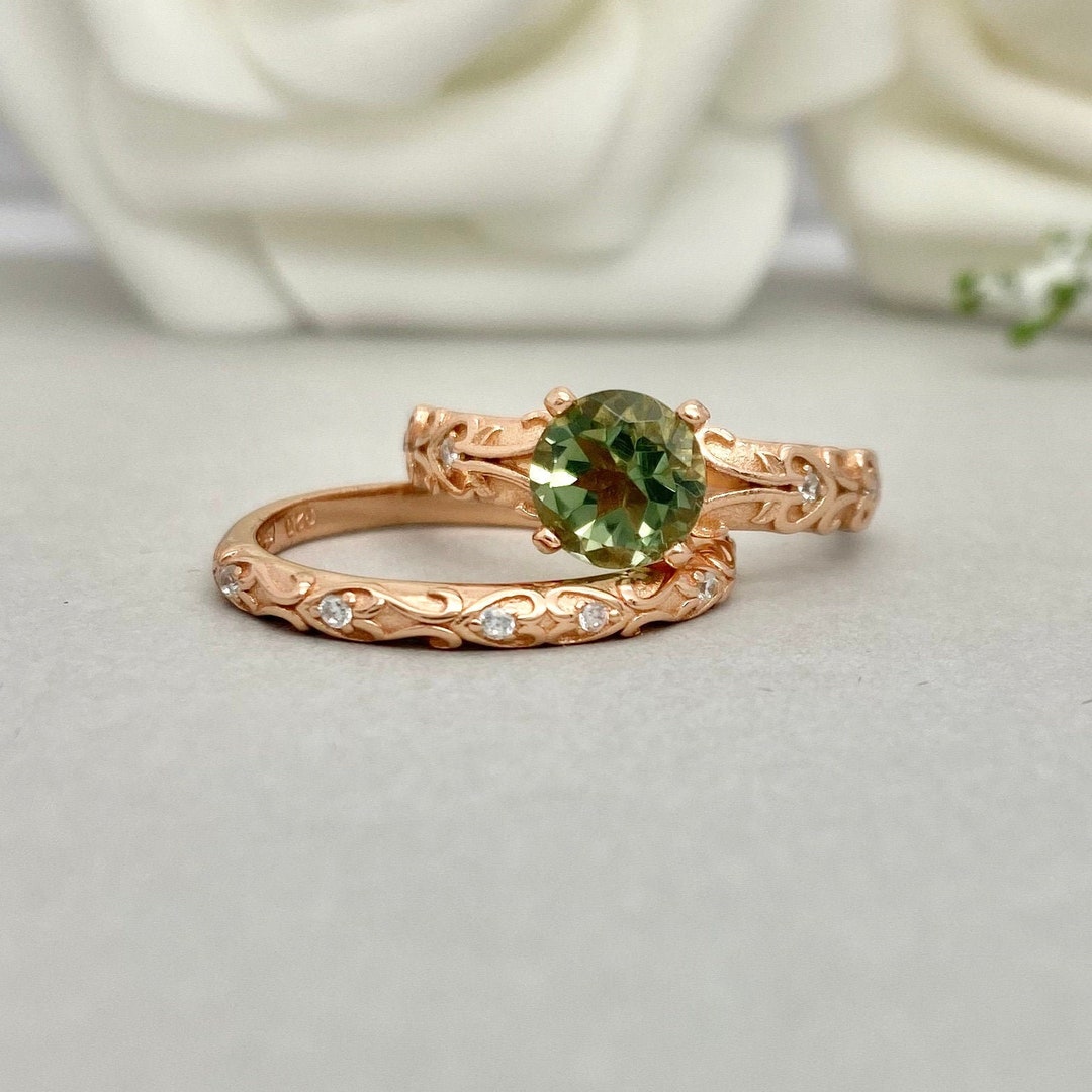 Rose Gold Round Green Amethyst Engagement Ring Set Green - Etsy