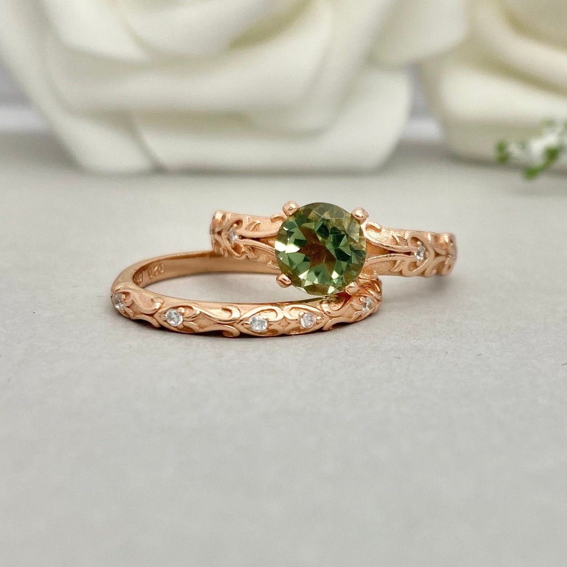 Rose Gold Round Green Amethyst Engagement Ring Set Green | Etsy
