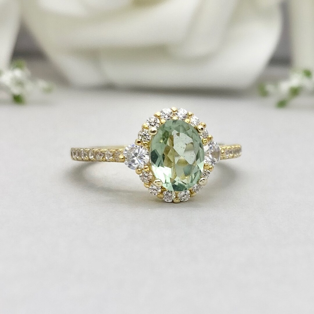Yellow Gold Oval Green Amethyst Wedding Ring Simulated Diamond ...