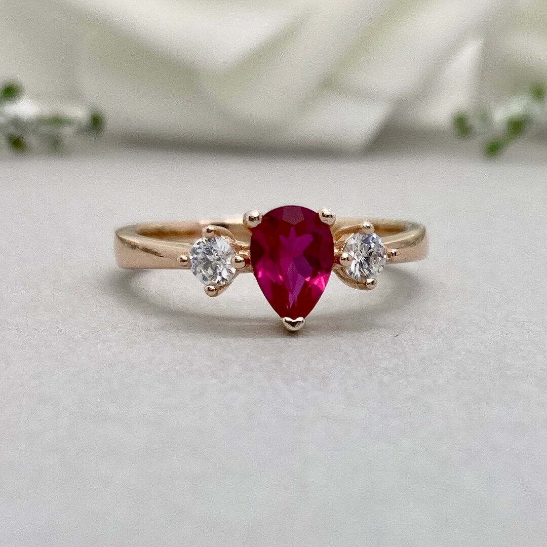 Rose Gold Ruby Ring Three Stone Pear Sterling Silver Engagement Ring ...
