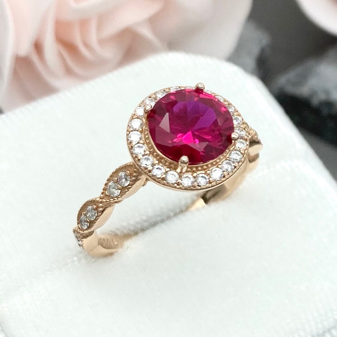 Rose Gold Round 2ct Ruby Ring Art Deco Round Simulated Diamond 925 ...