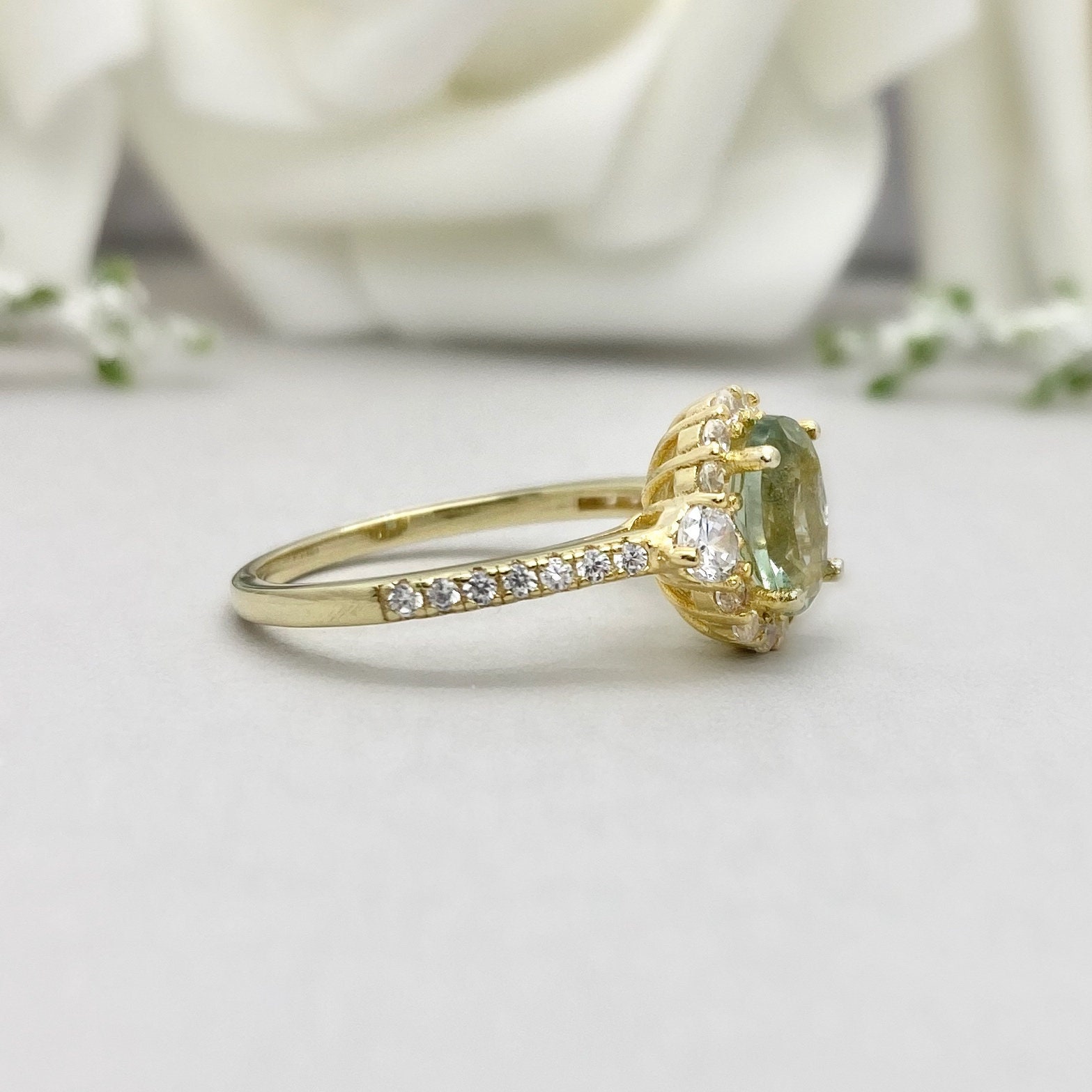 Yellow Gold Oval Green Amethyst Wedding Ring Simulated Diamond | Etsy