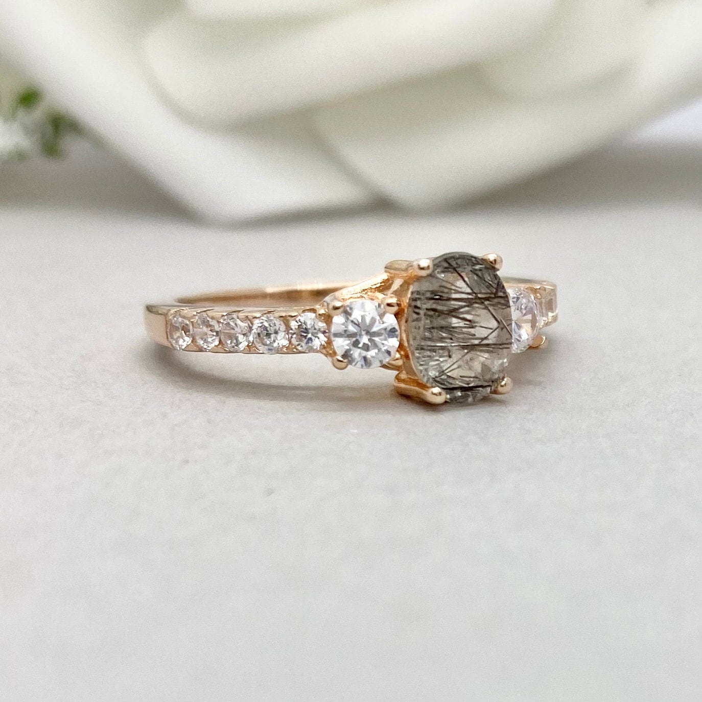 Rose Gold Oval Black Rutilated Quartz Engagement Ring Sterling - Etsy