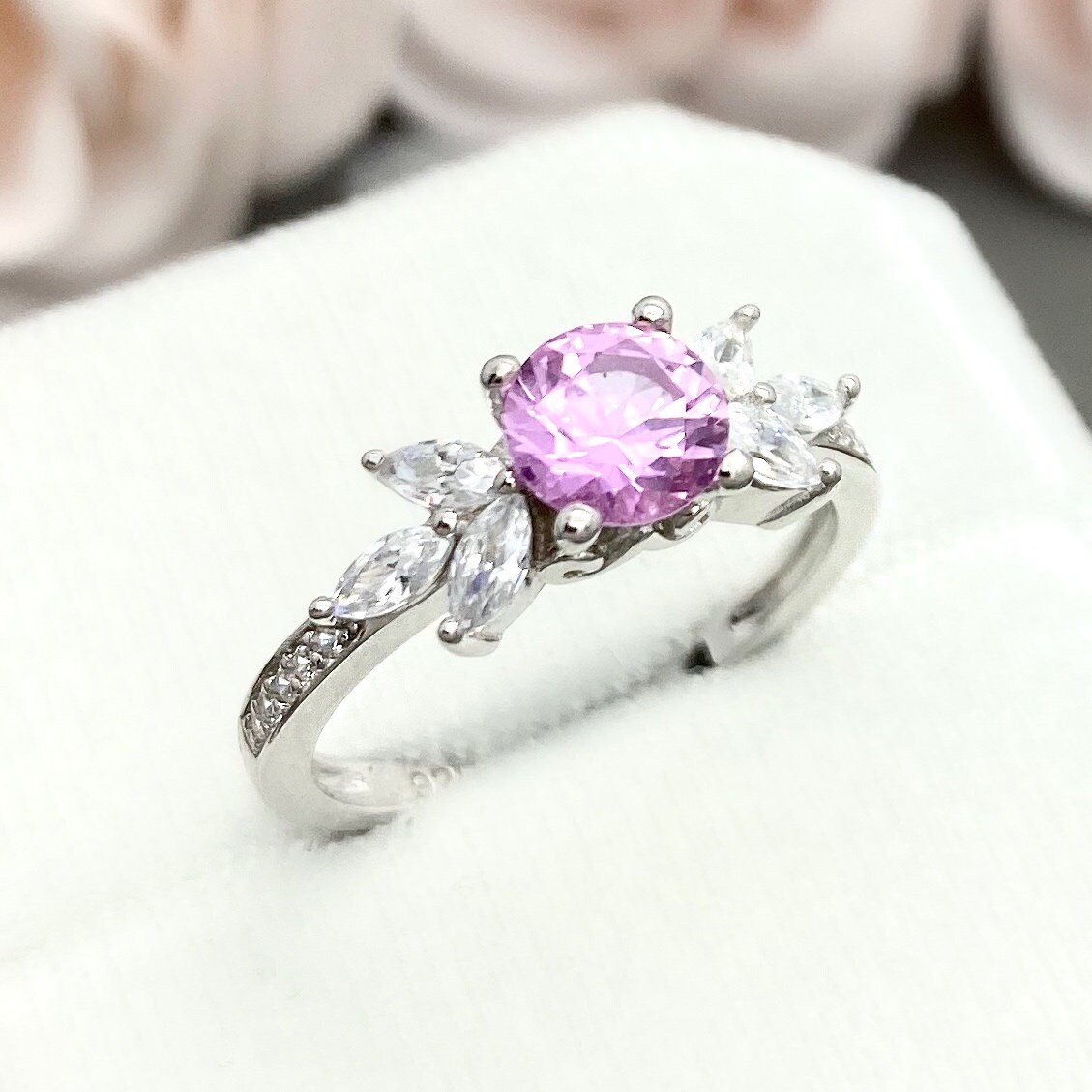 Round Pink Sapphire Ring Engagement Ring Art Deco Leaf - Etsy