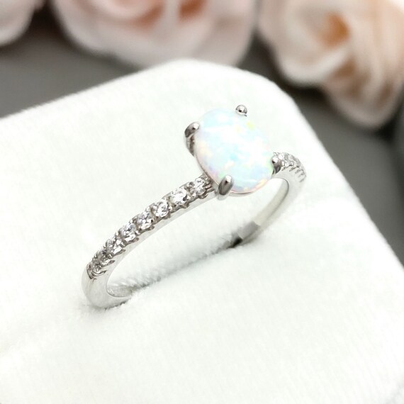 Oval White Fire Opal Engagement Ring White Opal Ring Simulated | Etsy