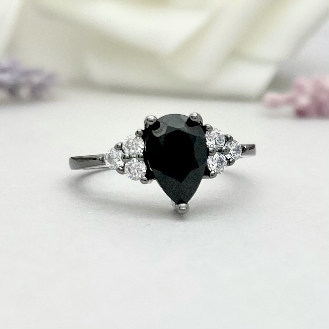 Pear Shape Natural Black Onyx Black Rhodium Simulated Diamond Ring ...