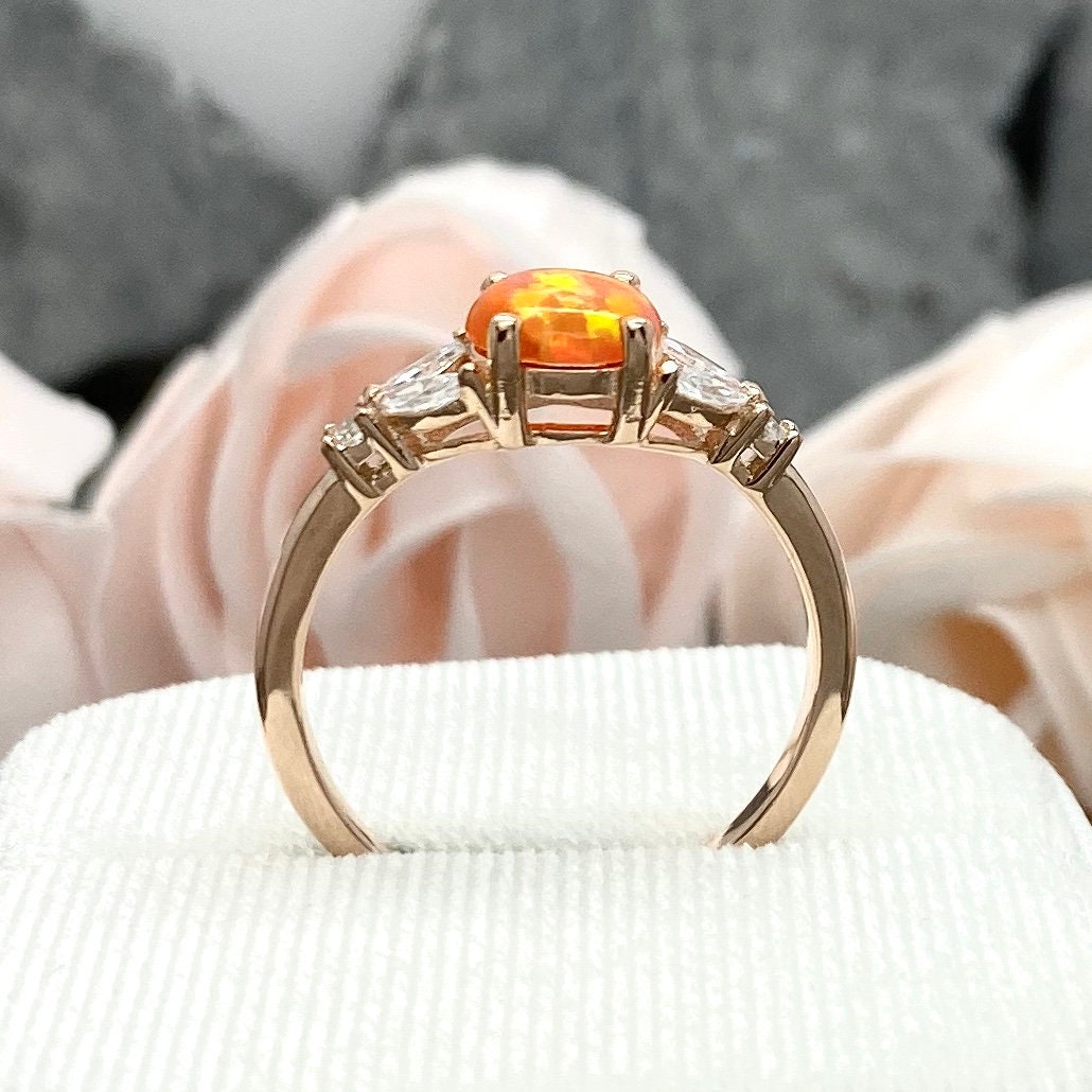 Rose Gold Round Orange Fire Opal Ring Marquise and Round - Etsy