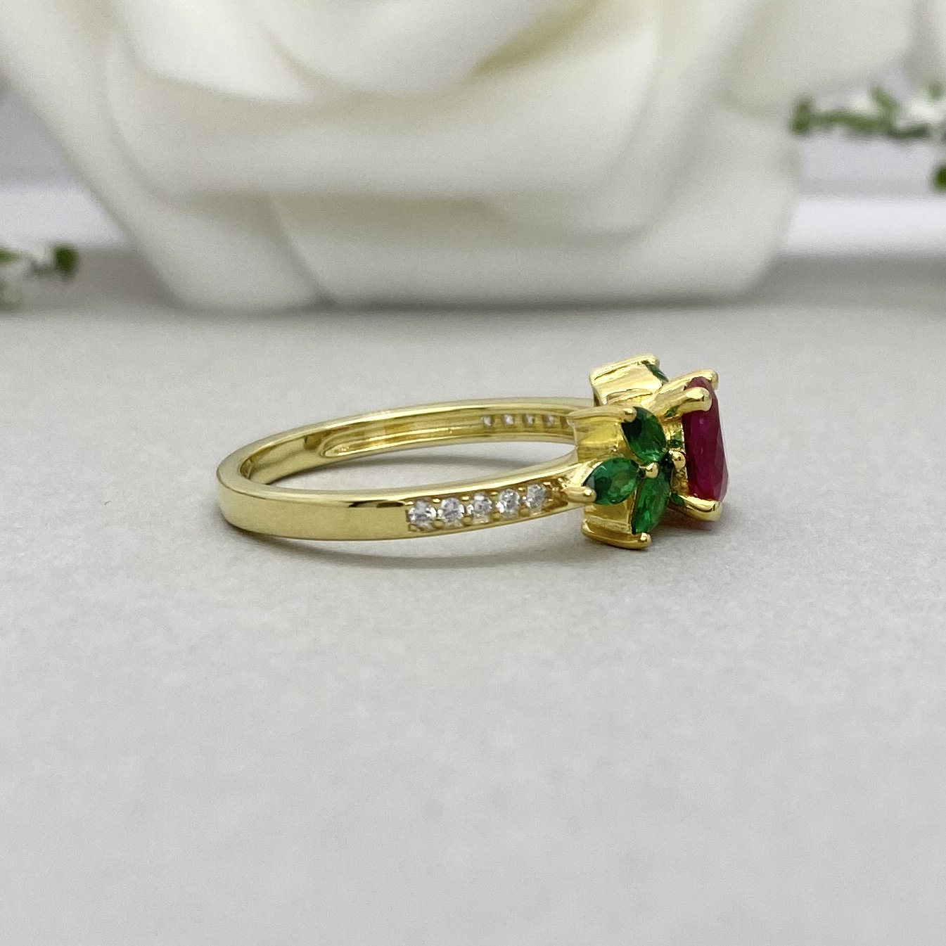 Yellow Gold Round Ruby Ring Lab Ruby With Emerald Marquise - Etsy