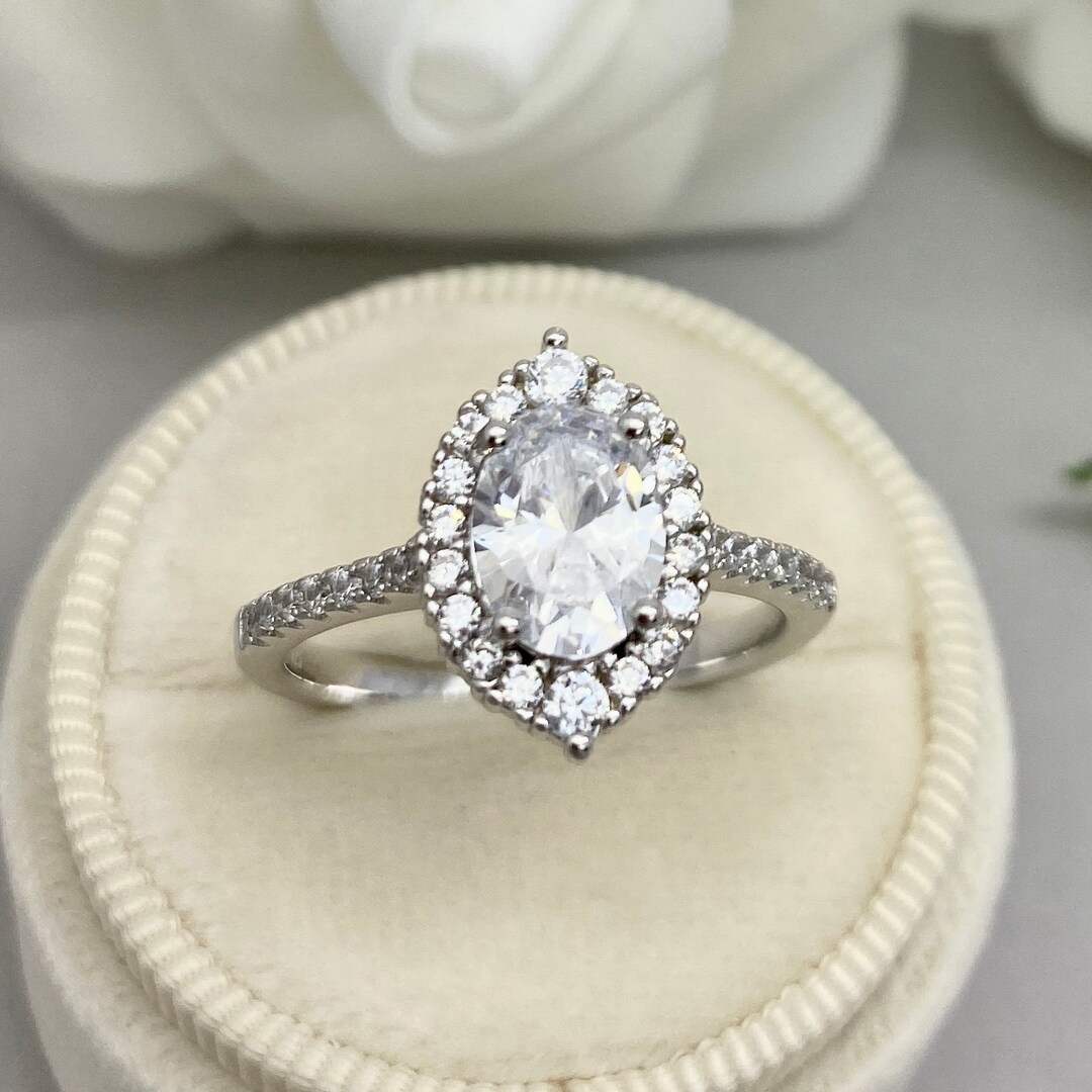 Oval Simulated Diamond Engagement Ring Halo Wedding Ring Simulated ...