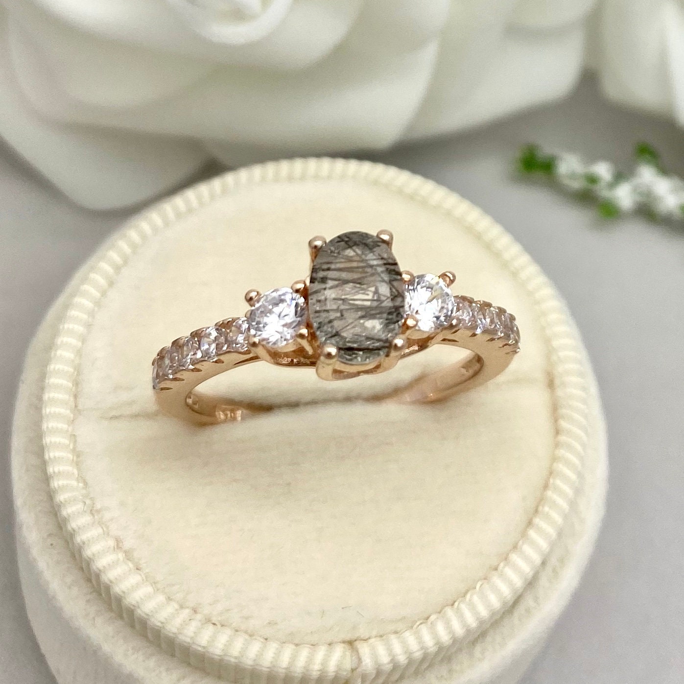 Rose Gold Oval Black Rutilated Quartz Engagement Ring Sterling - Etsy