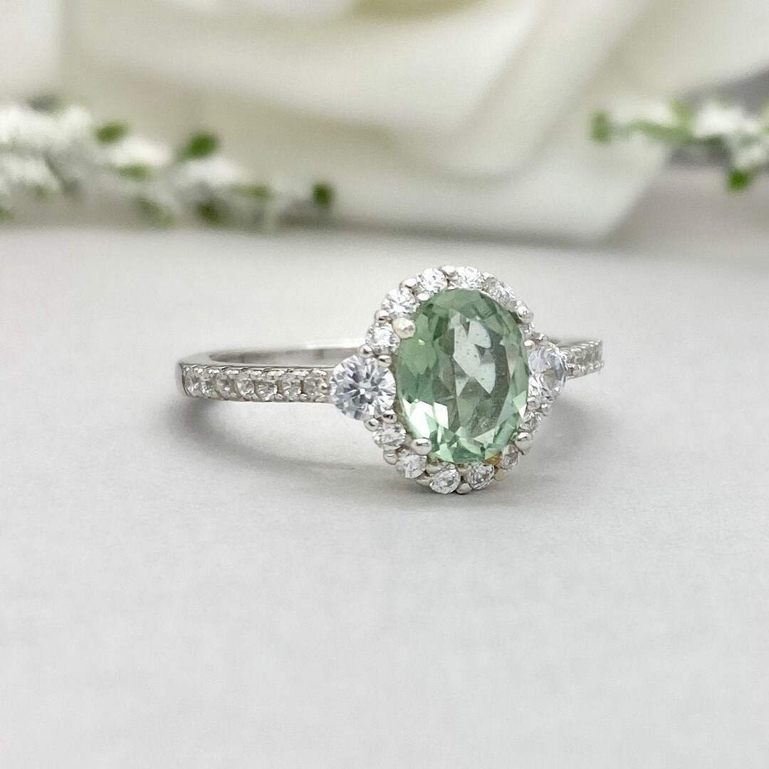 Oval Green Amethyst Wedding Ring Round Simulated Diamond Engagement ...