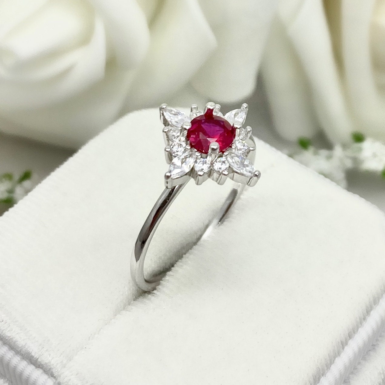 14K Solid White Gold Round Ruby Starburst Ring Marquise and - Etsy