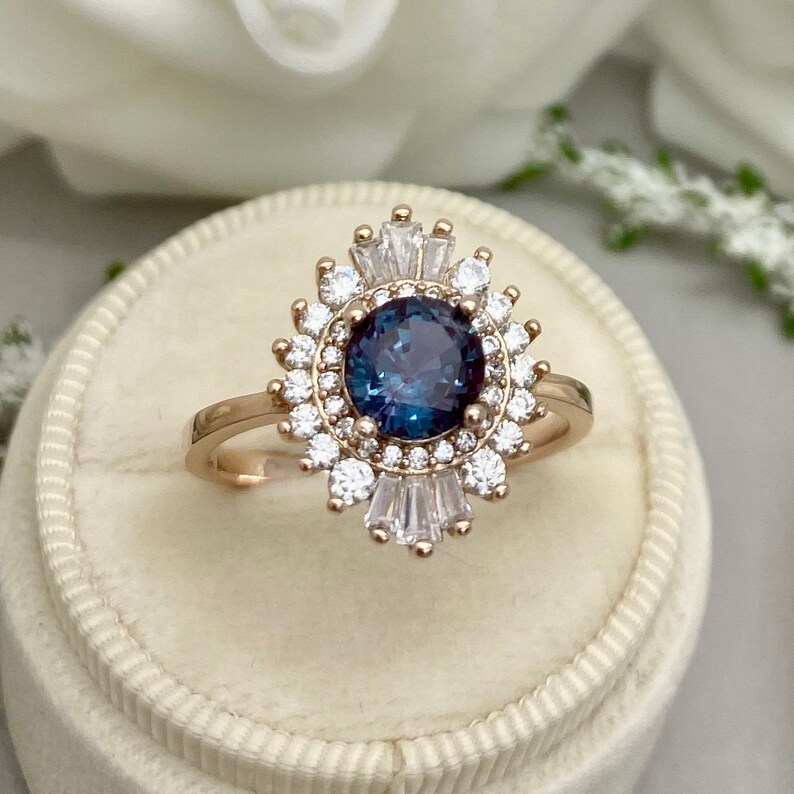 Rose Gold Alexandrite Cluster Halo Engagement Ring Sterling - Etsy