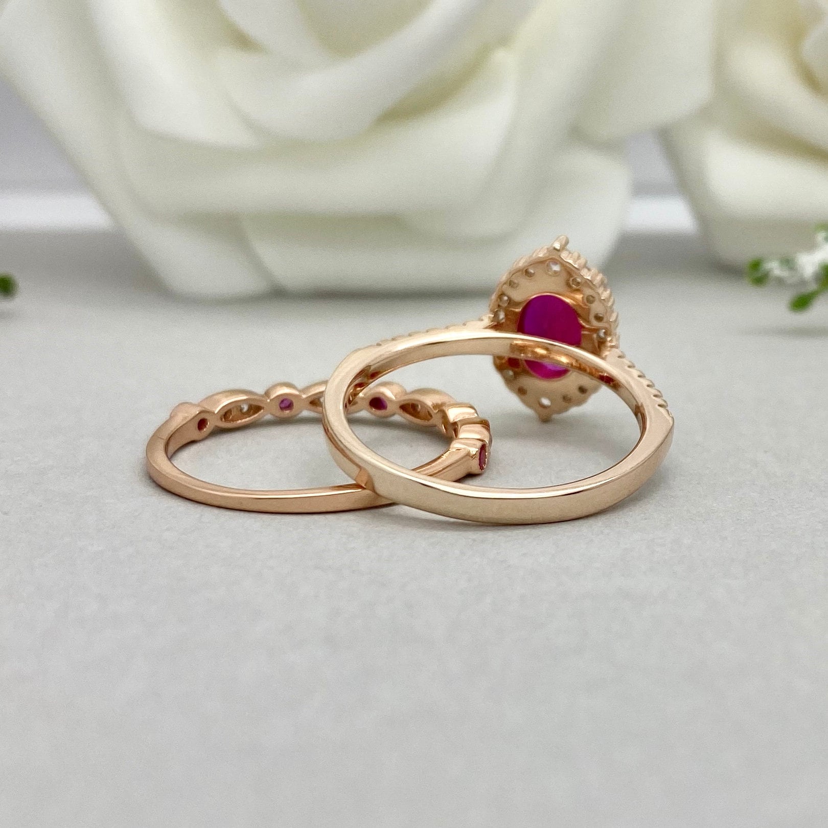 Rose Gold Oval Ruby Wedding Ring Set Lab Ruby 2PC Engagement | Etsy
