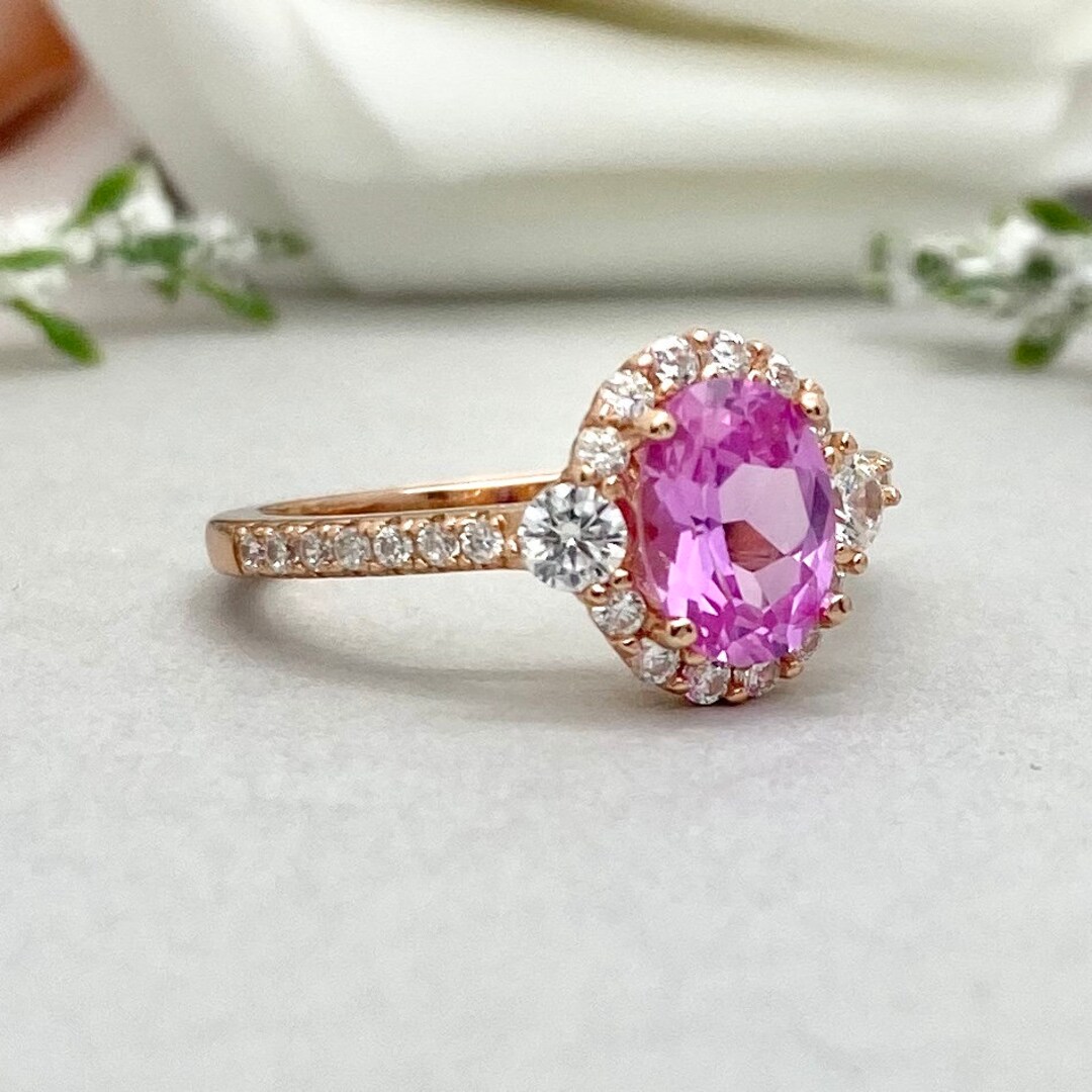 14K Solid Rose Gold Pink Sapphire Engagement Ring Oval Pink Sapphire ...
