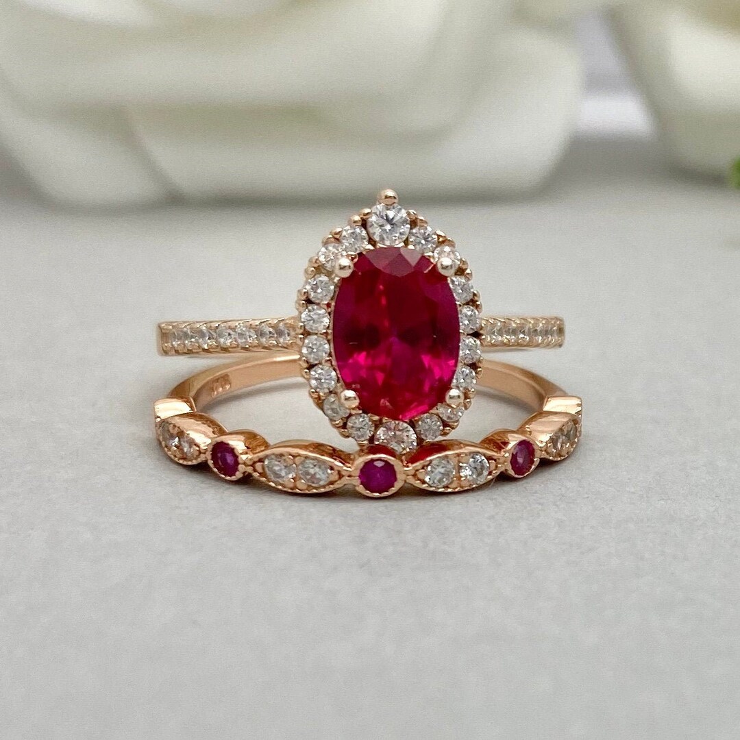 Rose Gold Oval Ruby Wedding Ring Set Lab Ruby 2PC Engagement Band Ring ...