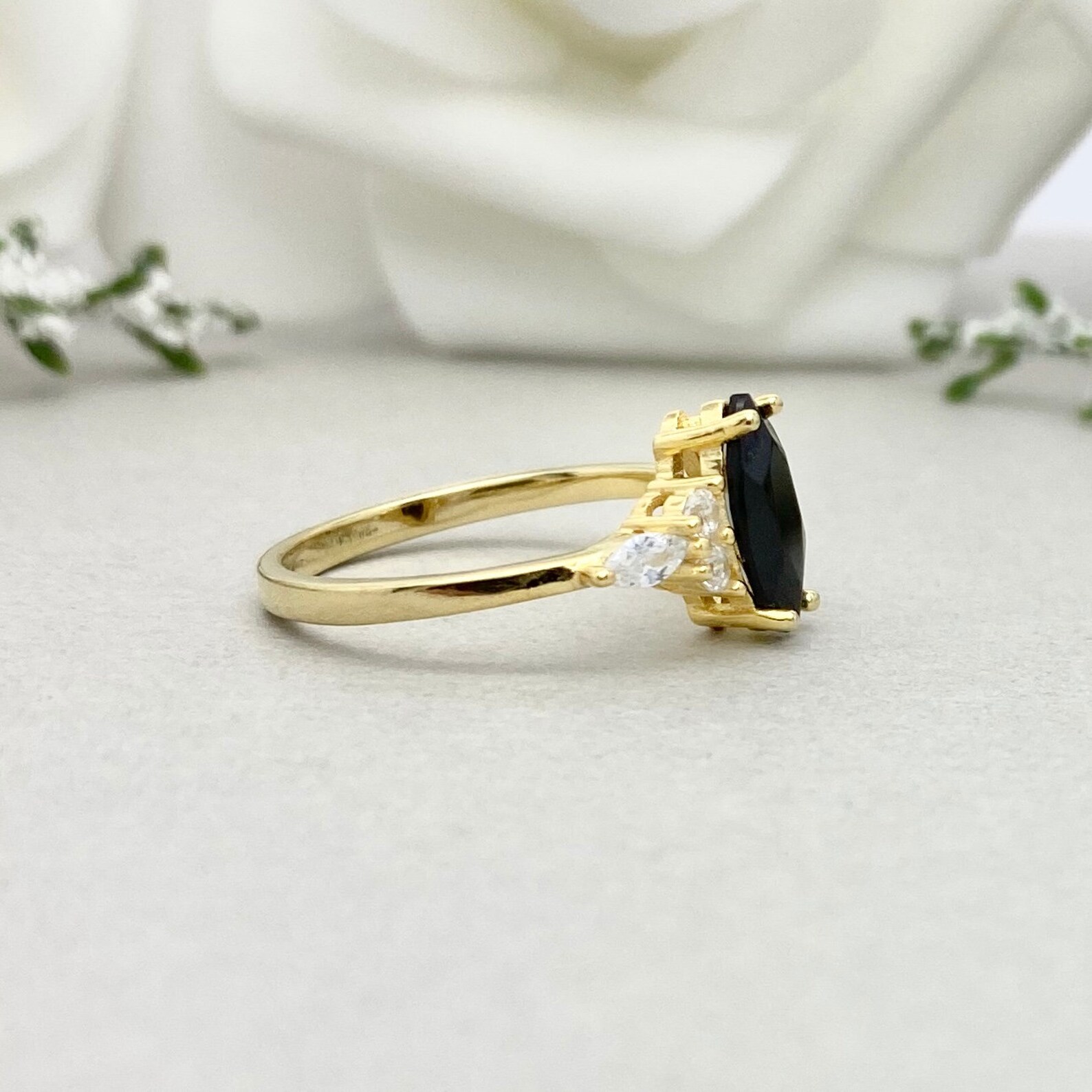 14K Solid Gold Marquise Black Onyx Art Deco Round Simulated - Etsy