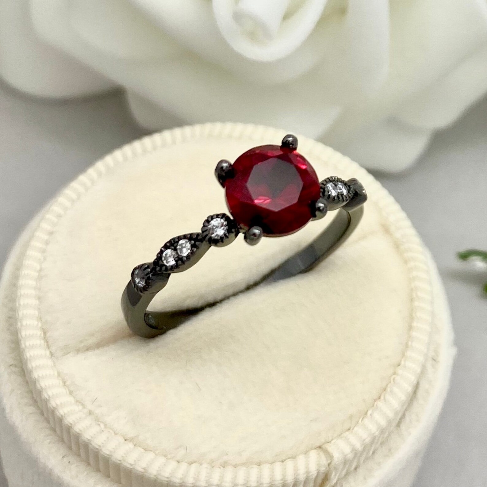 Round Red Ruby Black Rhodium Engagement Ring Lab Ruby Ring - Etsy