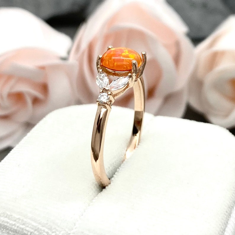 Rose Gold Round Orange Fire Opal Ring Marquise and Round - Etsy
