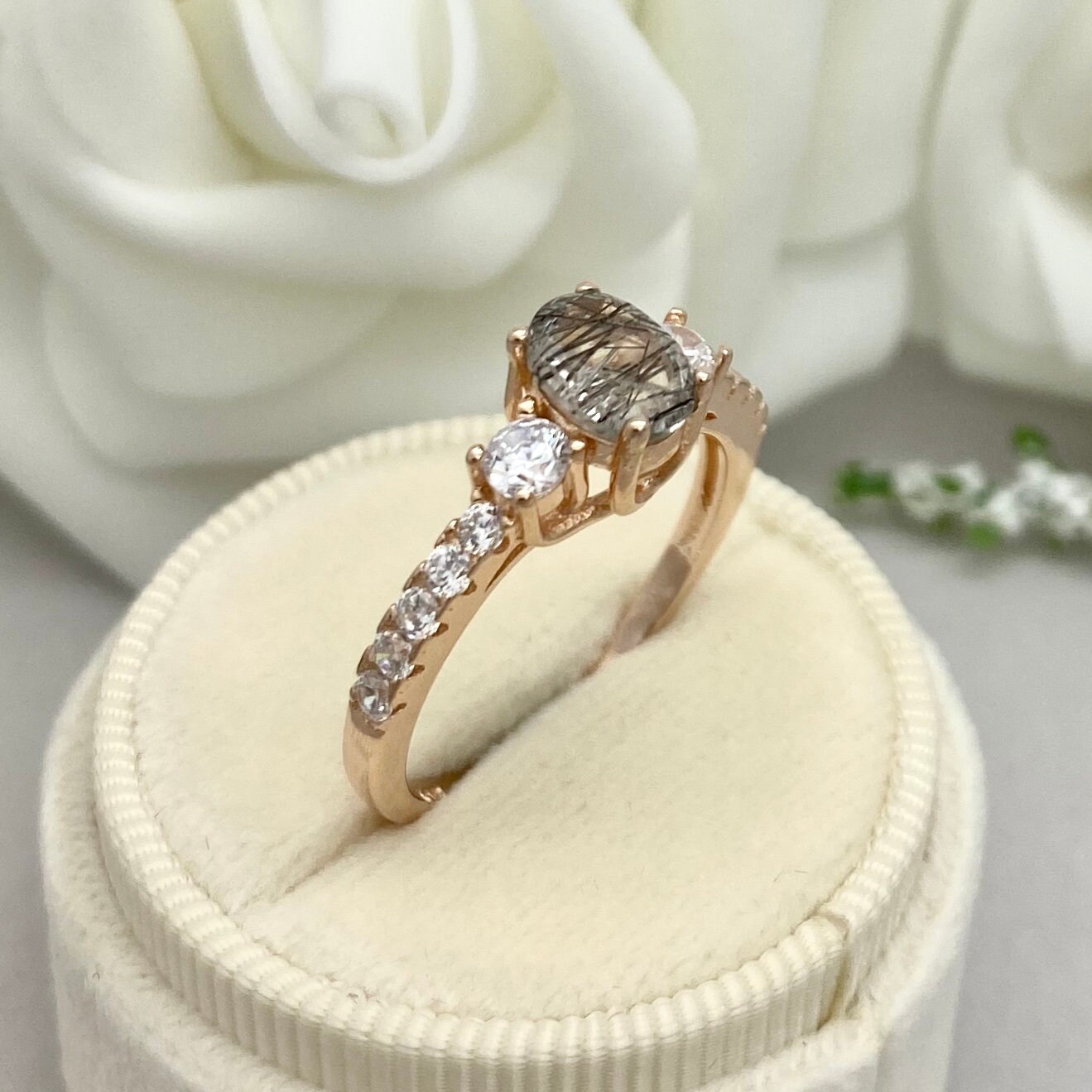 Rose Gold Oval Black Rutilated Quartz Engagement Ring Sterling - Etsy
