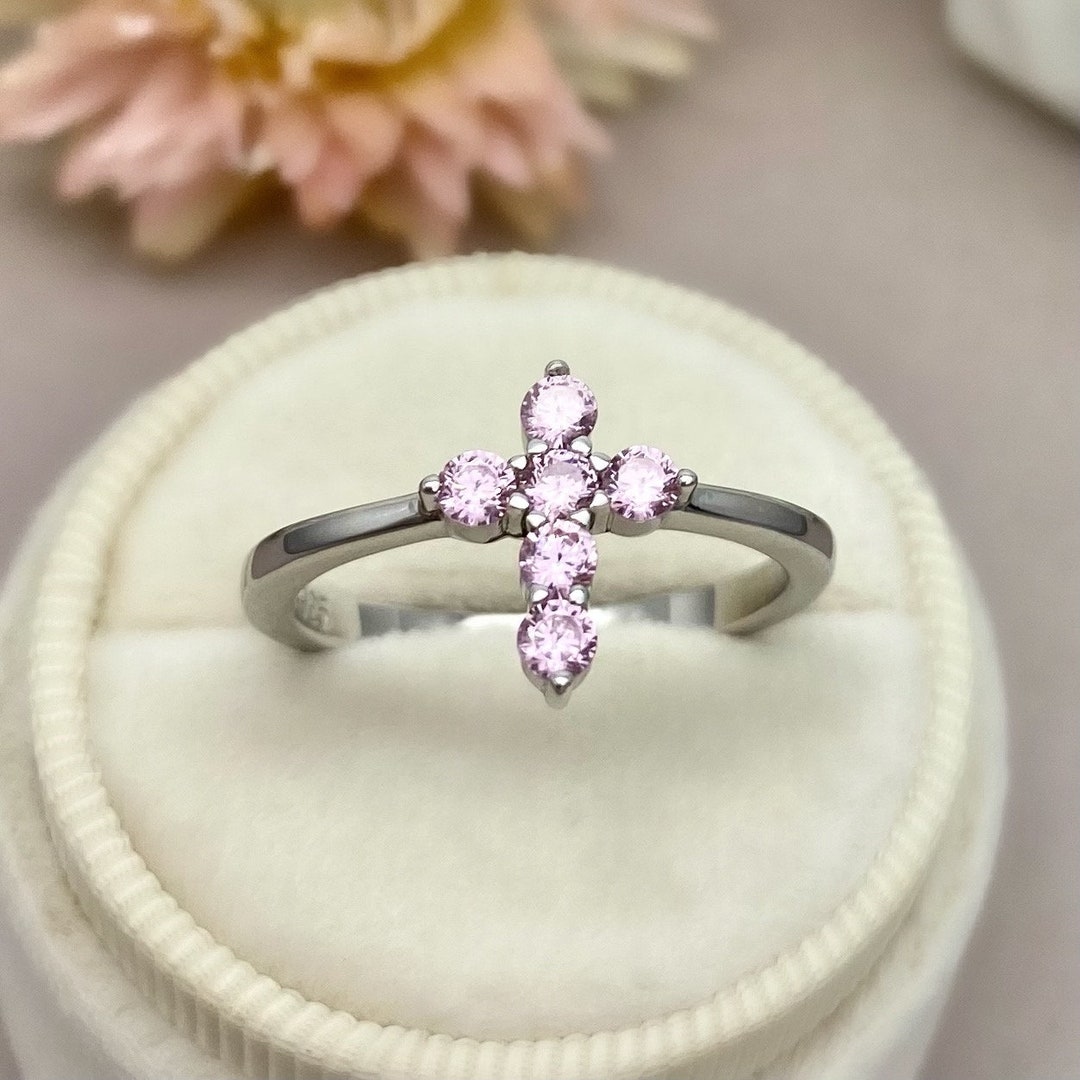 Pink Simulated Diamond Cross Ring Round Pink CZ Cross Ring Sterling ...