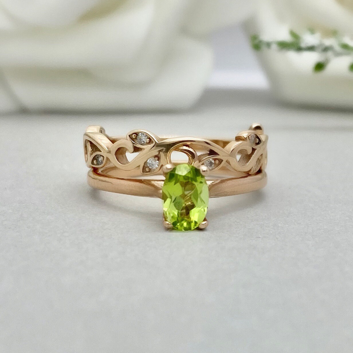 Rose Gold Oval Peridot Floral Vines Wedding Ring Set Peridot | Etsy