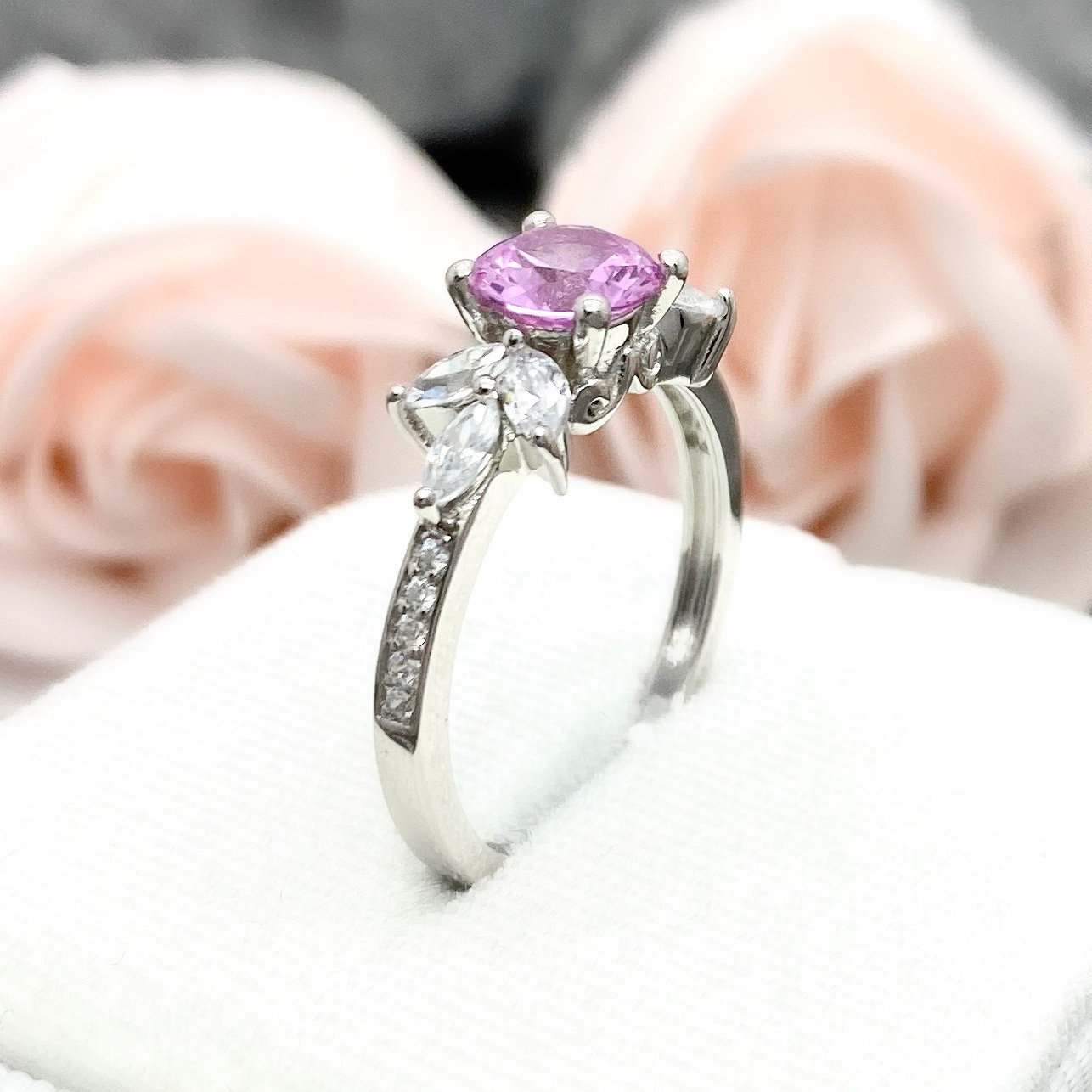 Round Pink Sapphire Ring Engagement Ring Art Deco Leaf - Etsy