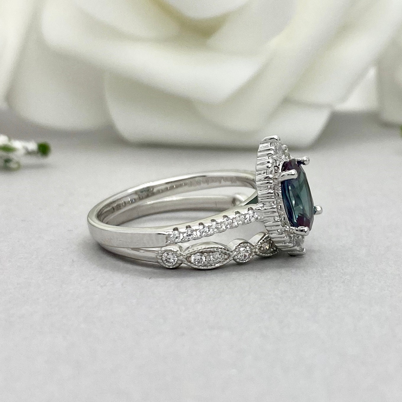 Art Deco Oval Alexandrite Wedding Ring Set Alexandrite 2PC | Etsy