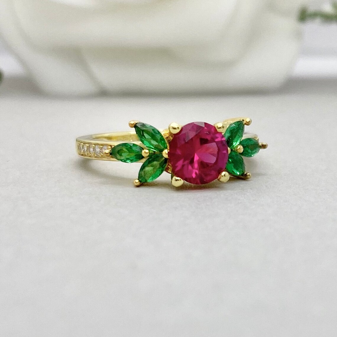 Yellow Gold Round Ruby Ring Lab Ruby With Emerald Marquise - Etsy