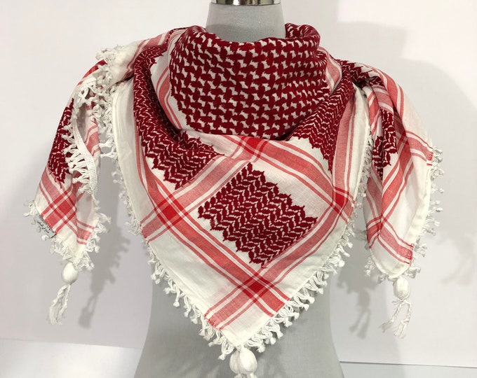 Shemagh Keffiyeh Arab Scarf Palestine Red on White Kufiya Arafat Hatta ...