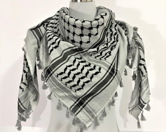 Shemagh Keffiyeh Arab Scarf Palestine Black on Gray Kufiya Arafat Hatta ...