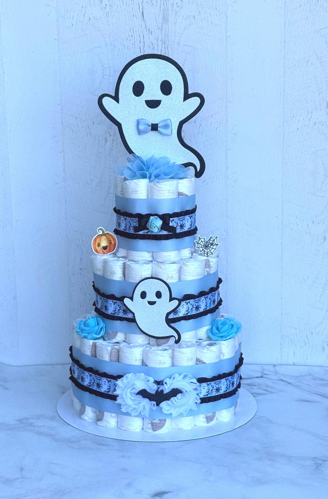 Ghost Diaper Cake Boy Blue Little Boo Halloween Baby Shower Centerpiece ...