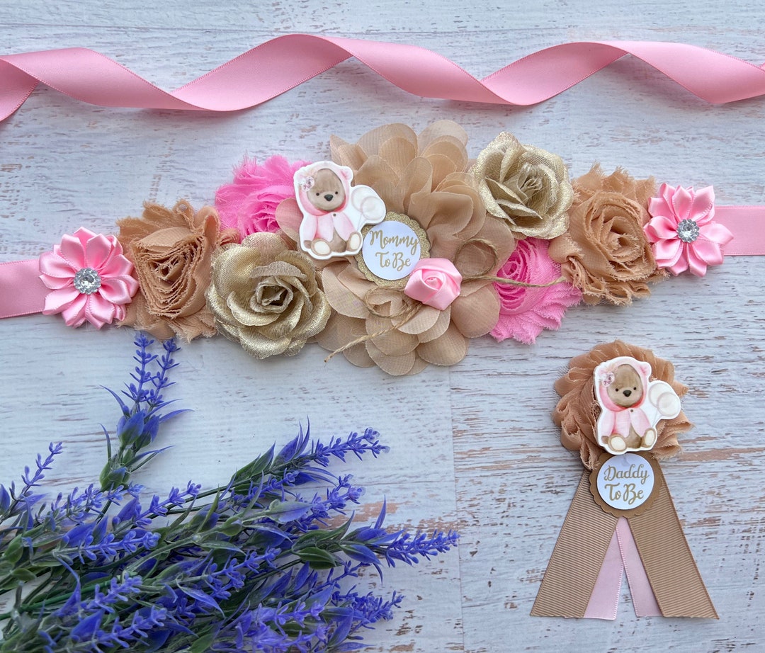 Teddy Bear Baby Shower Sash ,boho Teddy Bear Maternity Sash, Pink Teddy ...