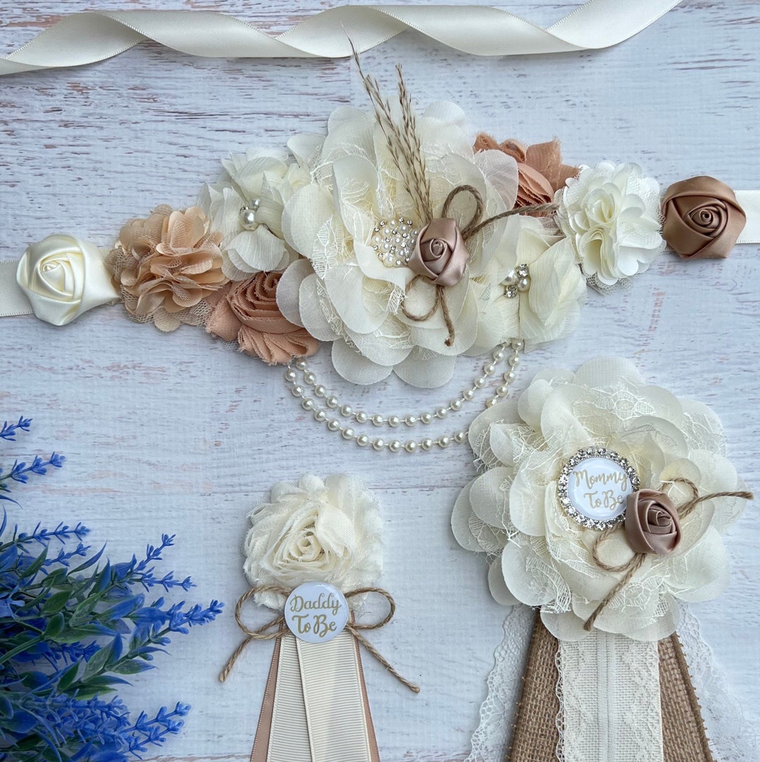 Ivory Tan Boho Baby Shower Sash , Boho Maternity Sash , Cream Tan Baby ...