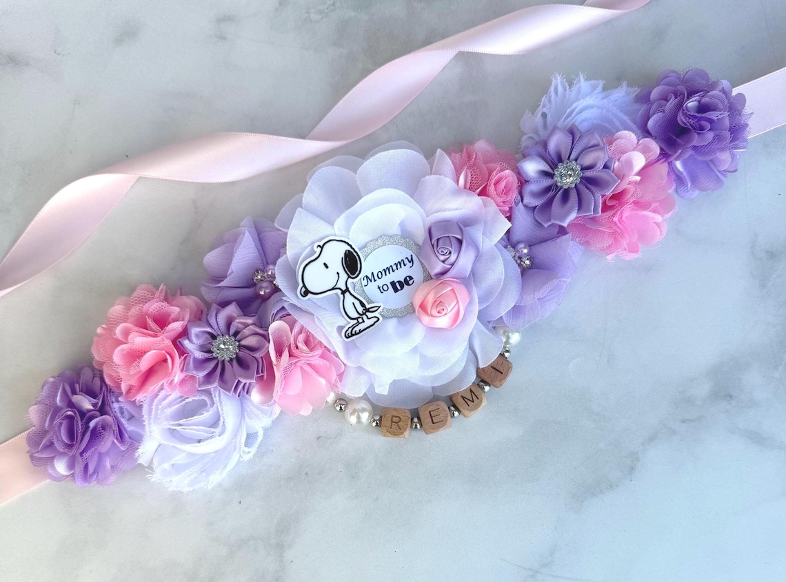 Snoopy Baby Shower Maternity Sash Girl ,pink /purple Mom Dad and Family ...