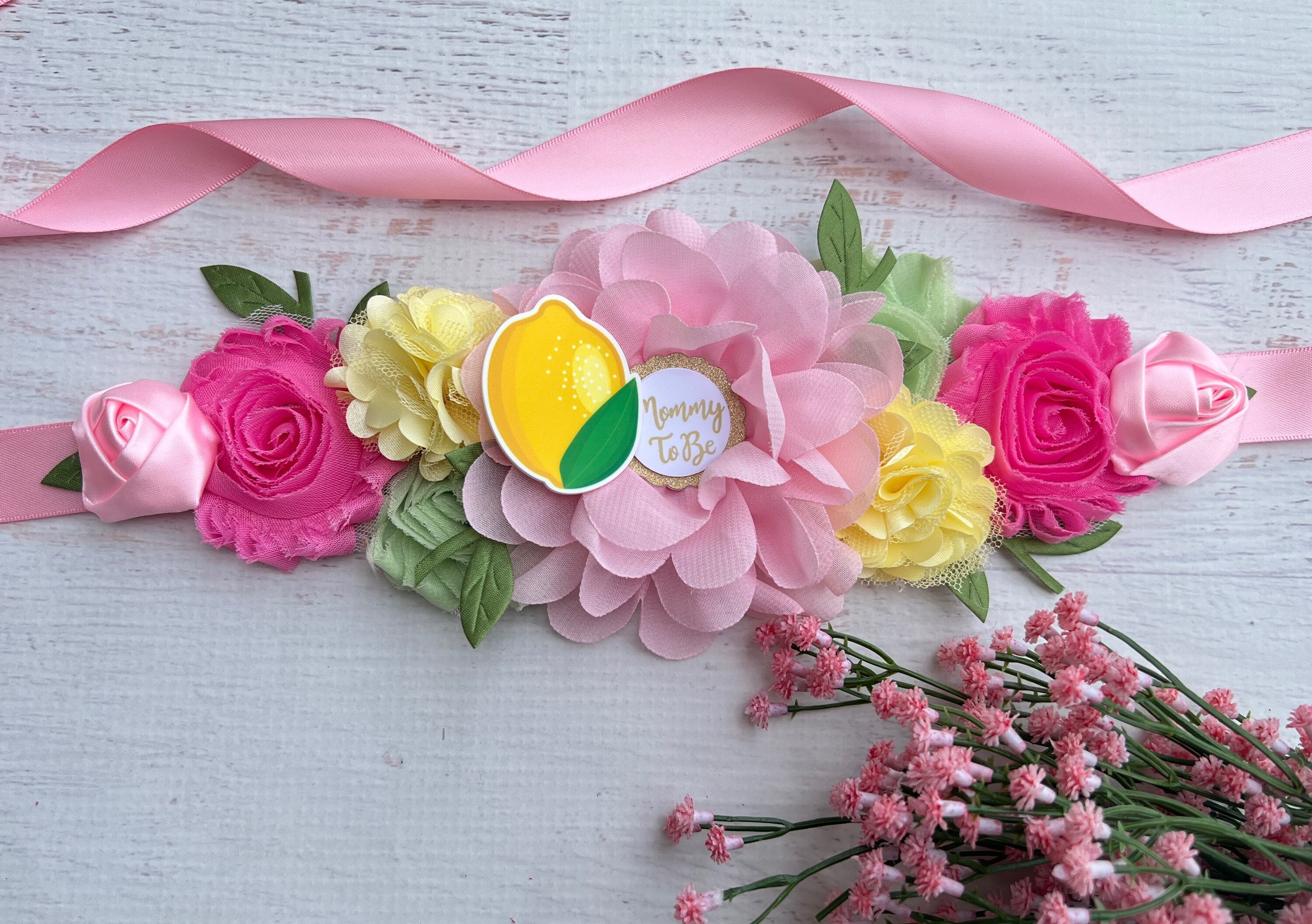 Lemon Baby Shower Sash Pink Yellow Lemon Maternity Sash Baby Shower ...