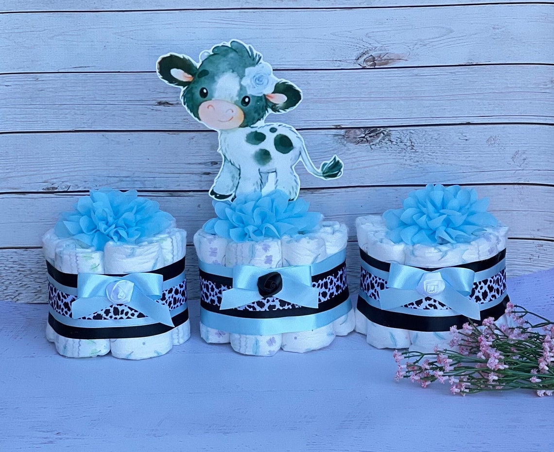 Set of 3 Highland Cow Diaper Cakes Boho Cow Baby Shower Boy Diaper Cake ...